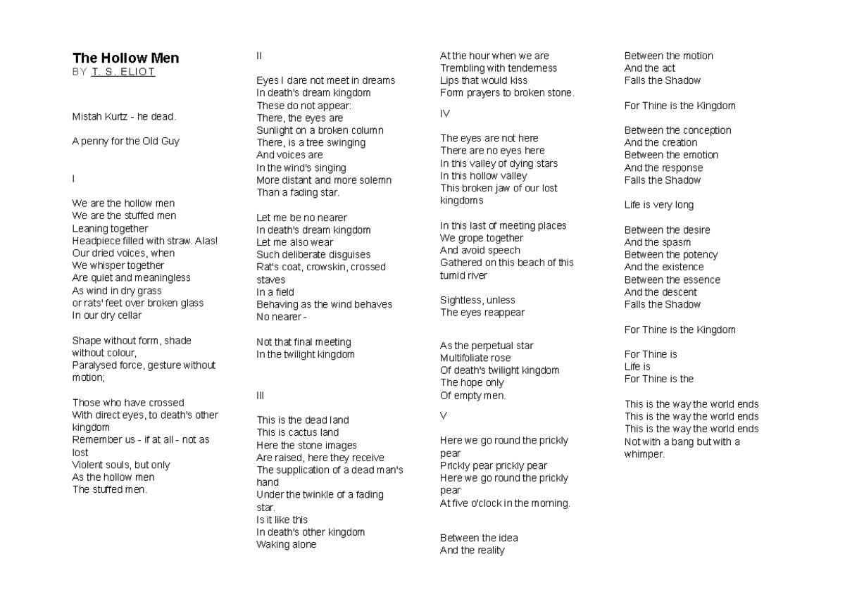 Poem compilation - study notes for ts eliot poems - The Hollow Men B Y ...