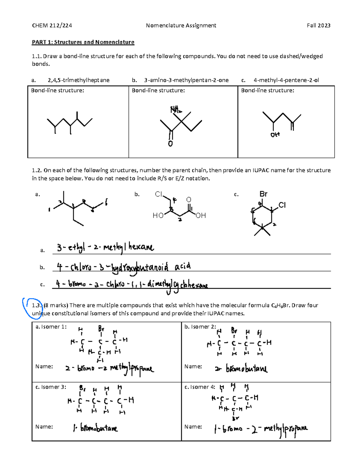 212-assignment-nomenclature - CHEM 212/224 Nomenclature Assignment Fall 2023 PART 1: Structures ...