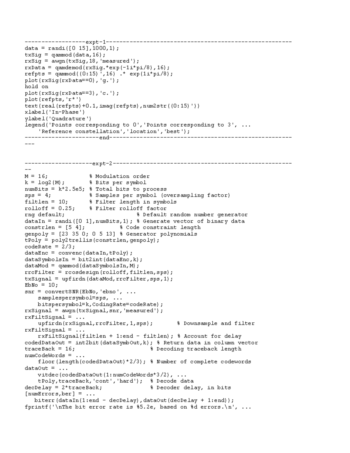 Programs -expt- 1 - data = randi([0 15],1000,1); txSig = qammod(data,16 ...
