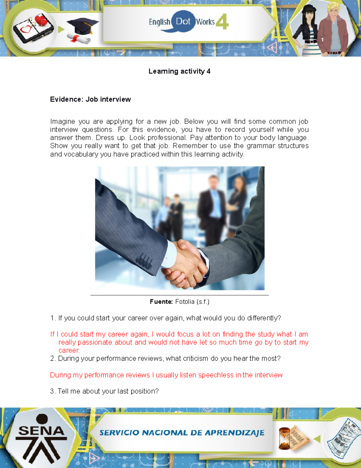 Evidence Job interview 12 - Learning activity 4 Evidence: Job interview ...