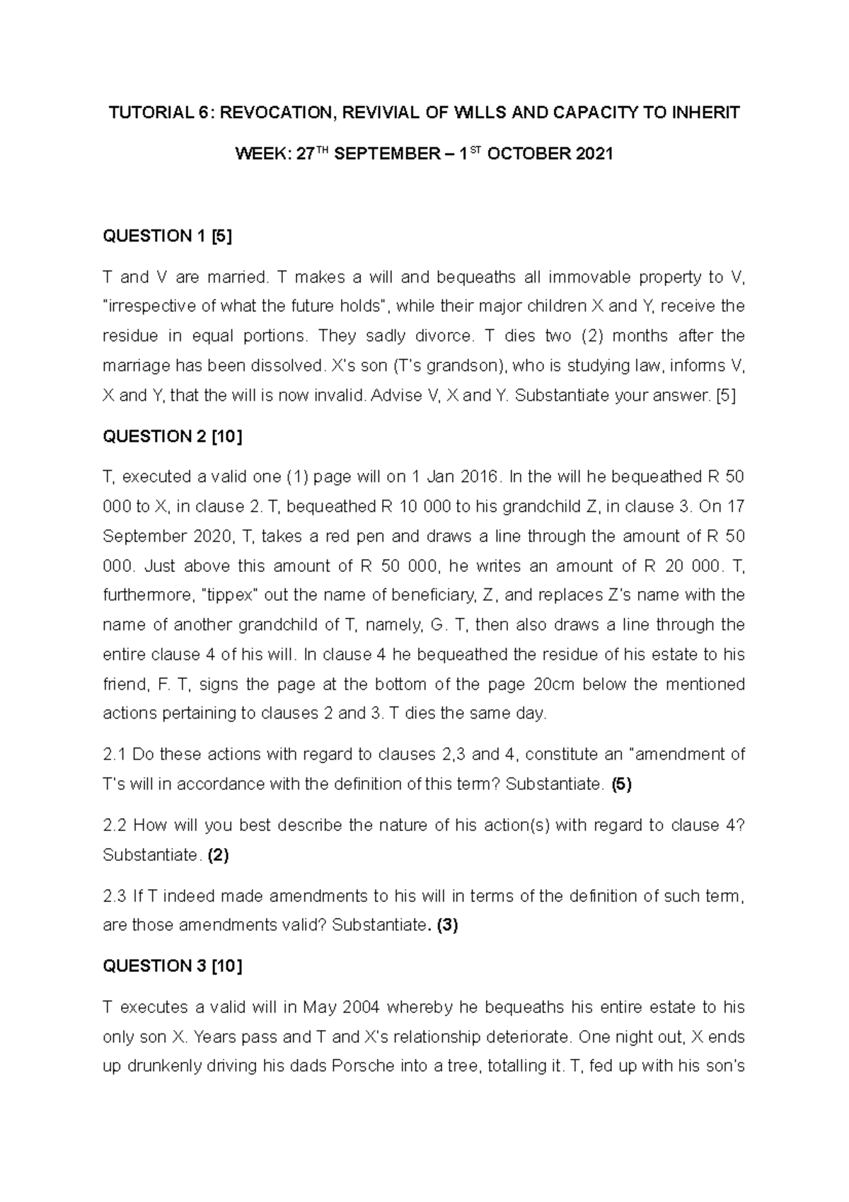 Tutorial 6 Questions 2021 revocation of will - TUTORIAL 6: REVOCATION ...