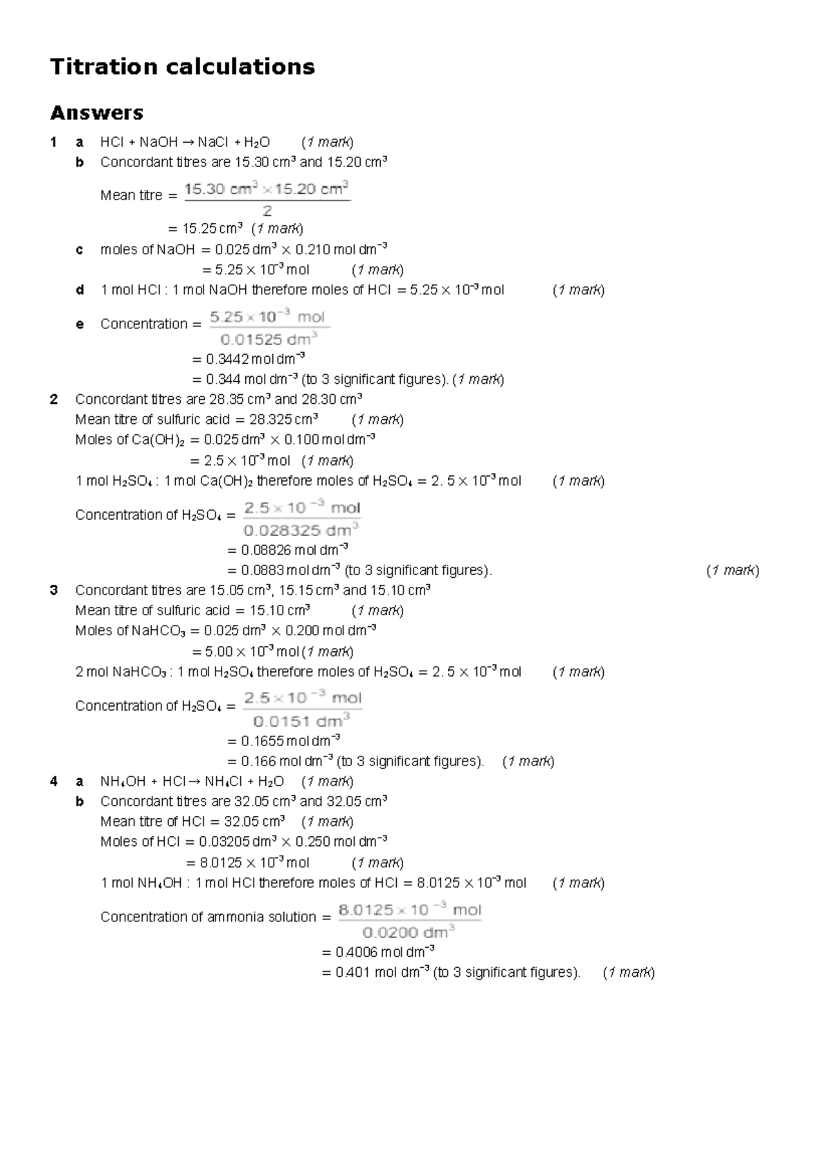 Titration calculations 1 answers - Titration calculations Answers 1 a ...