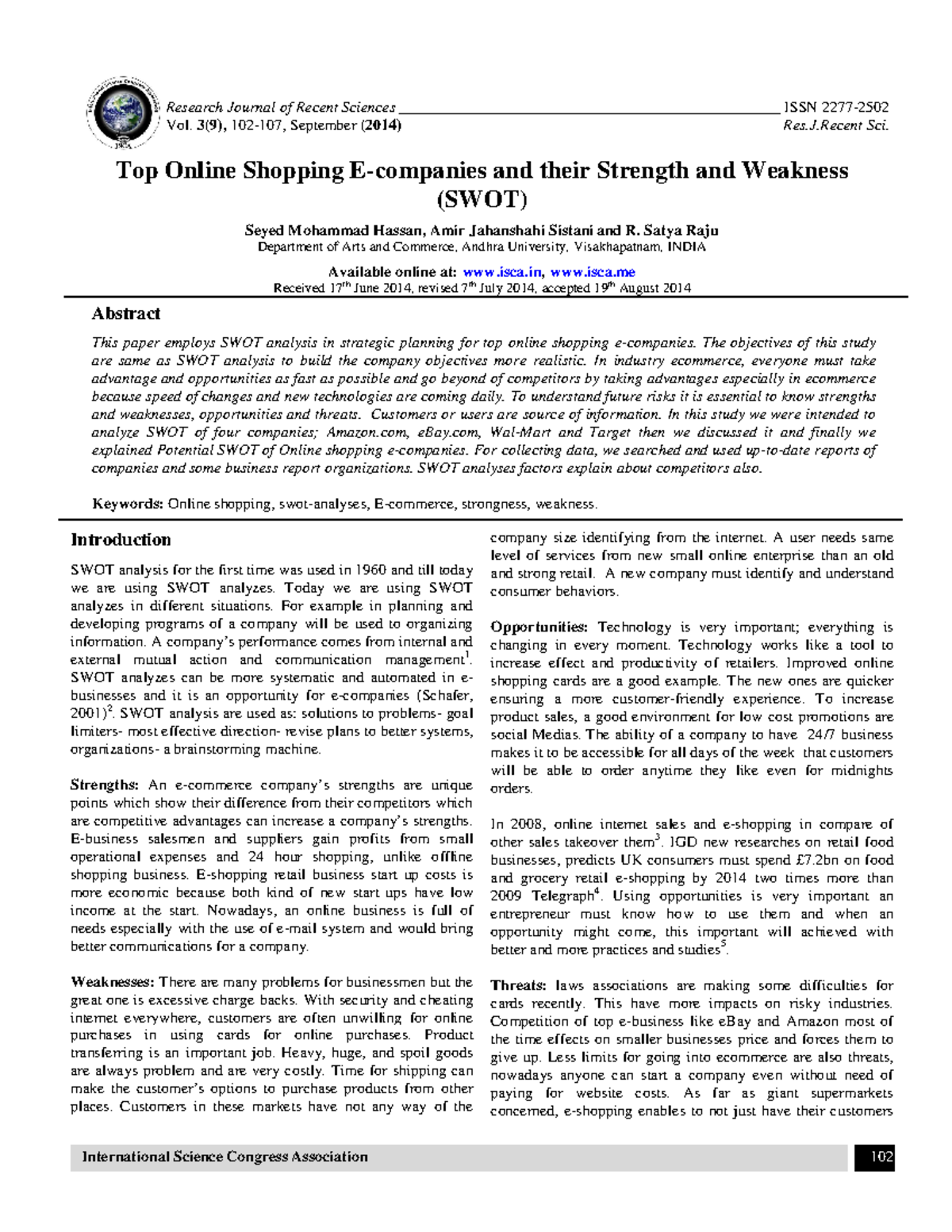 Amazon SWOT - SWOT chart - Research Journal of Recent Sciences - Studocu