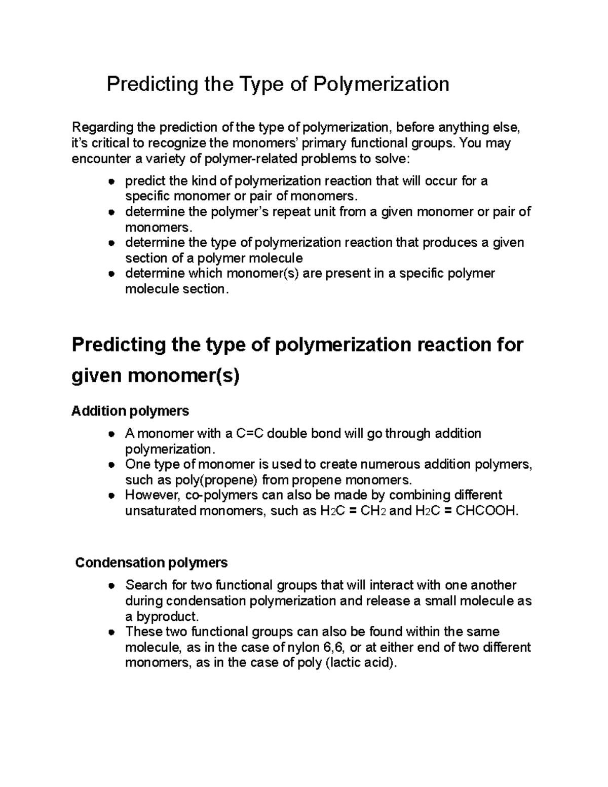 Addition Polymerization 1 Propene