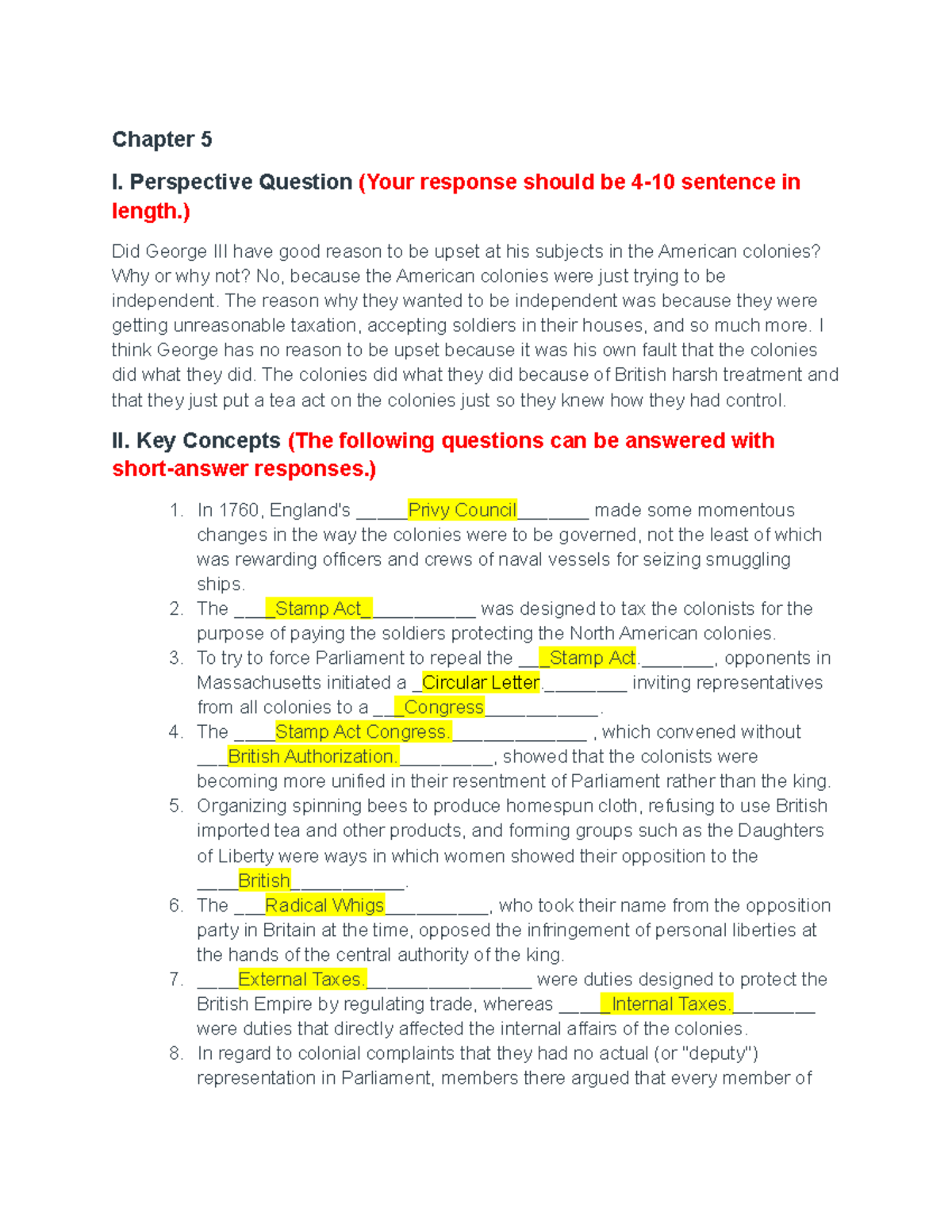 review for history test - Chapter 5 I. Perspective Question (Your ...