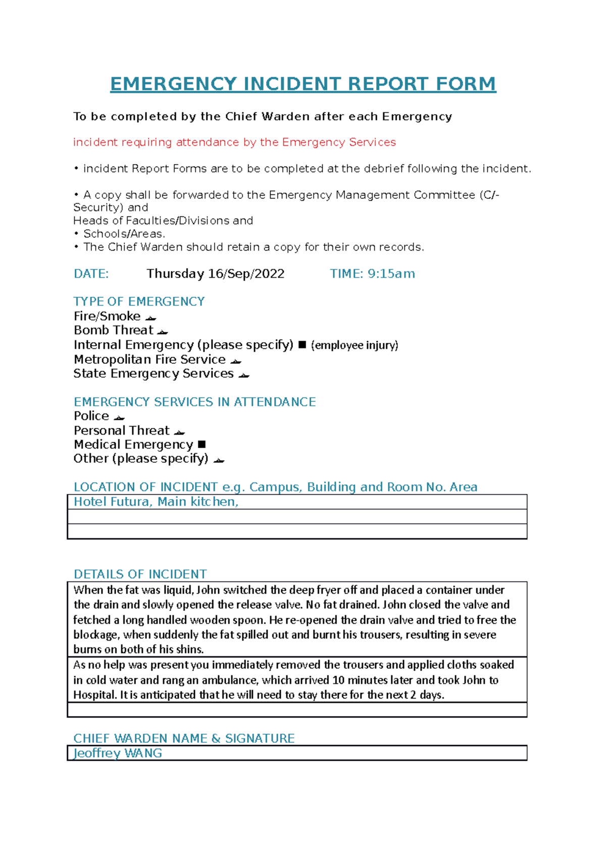 Incident report form( Sitxwhs 001 A1-Q19 - EMERGENCY INCIDENT REPORT ...