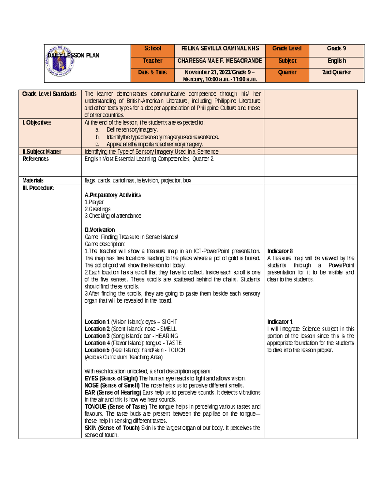 Sensory Imagery - Lesson plan - DAILY LESSON PLAN School FELINA SEVILLA ...
