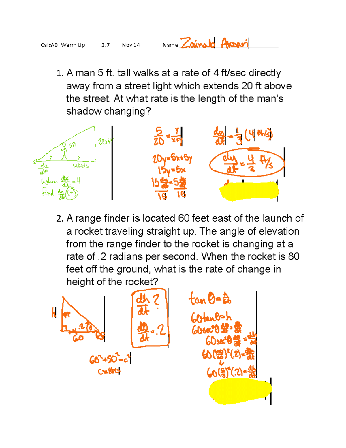 Calc AB Warm Up 3 Related Rates - CalcAB Warm Up 3 Nov 14 Name