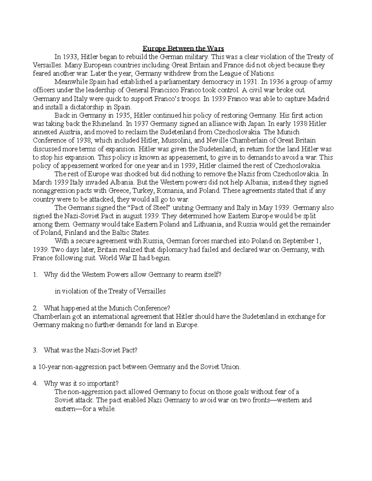 Quest. Europe Between the Wars-1 - Europe Between the Wars In 1933 ...