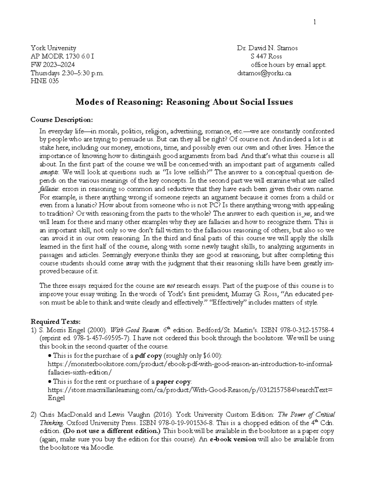 Modes of reasoning syllabus - York University Dr. David N. Stamos AP ...