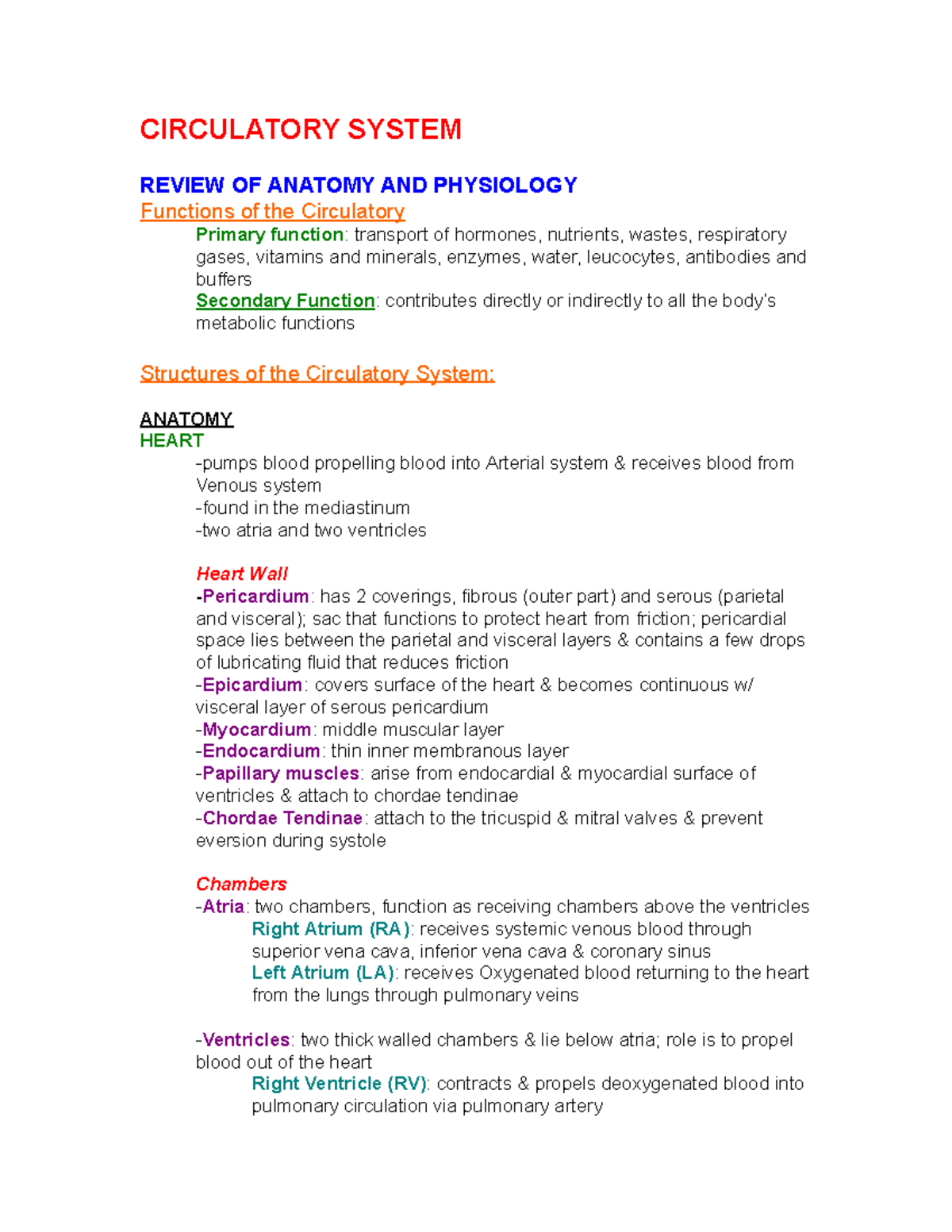 MS CVS review - CVS notes - CIRCULATORY SYSTEM REVIEW OF ANATOMY AND ...