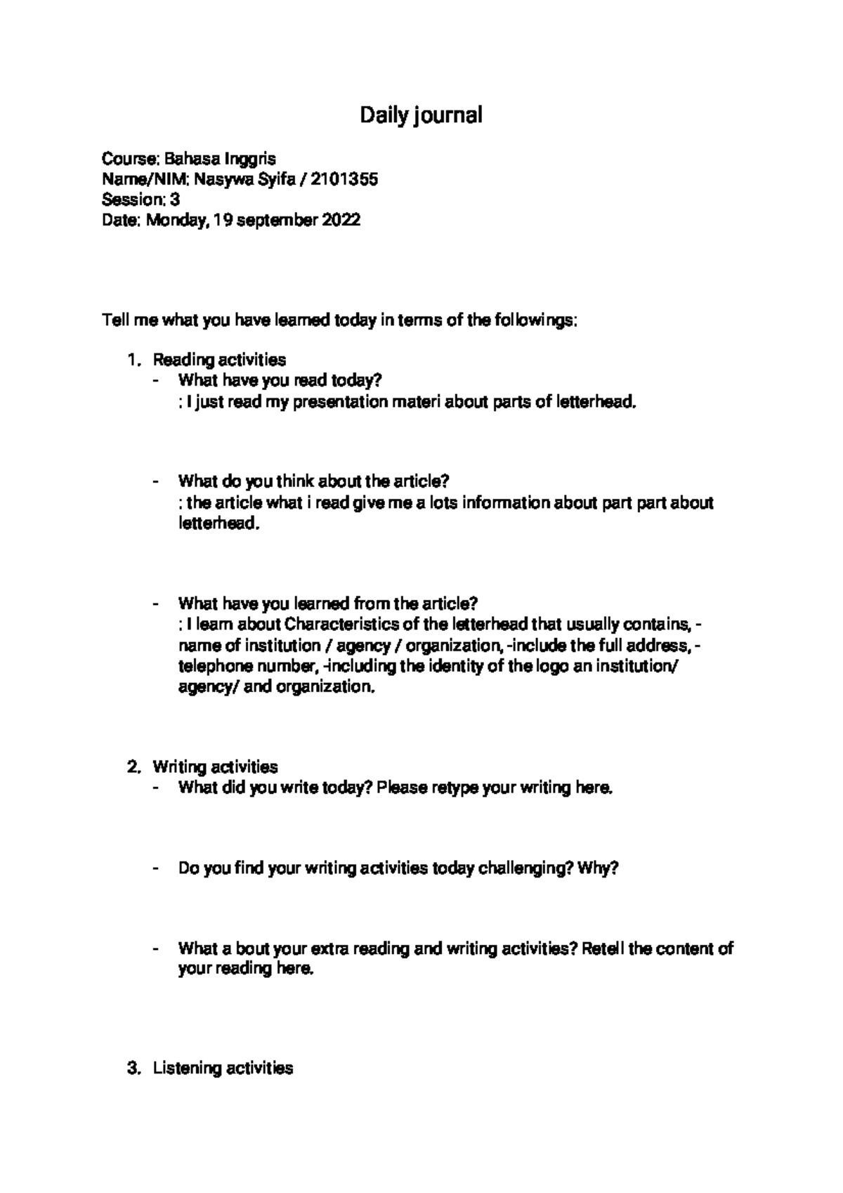 Daily journal at English Course to reflect student's understanding ...