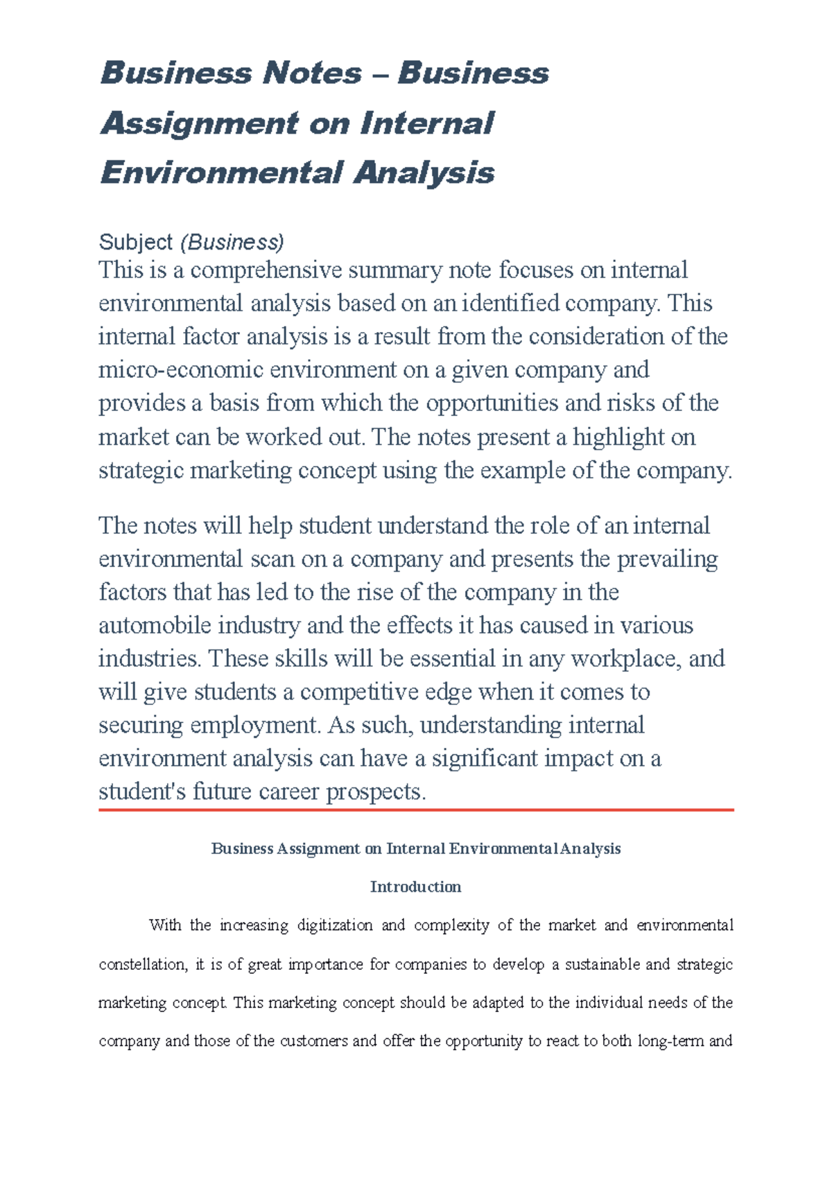 Internal Environmental Analysis - Business Notes – Business Assignment ...
