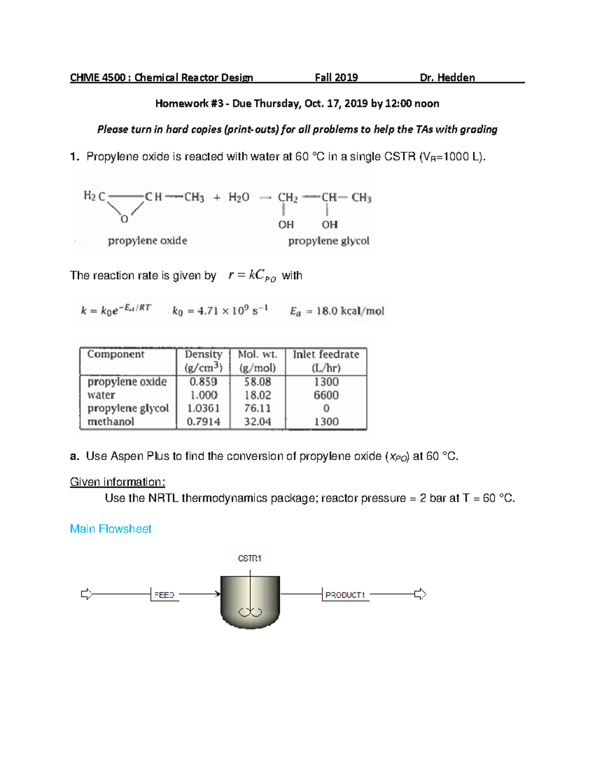Homework #3 - CHME 4500 - Fall 2019 - solution - CHME 4500 : Chemical ...
