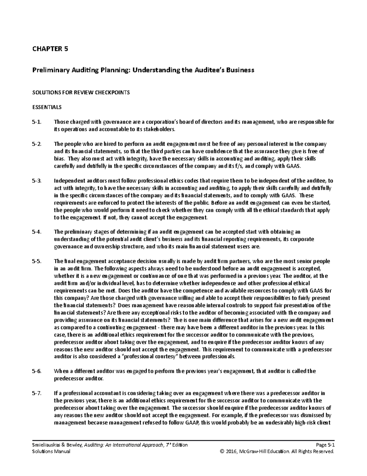 Chapter 5 Solutions - CHAPTER 5 Preliminary Auditing Planning ...