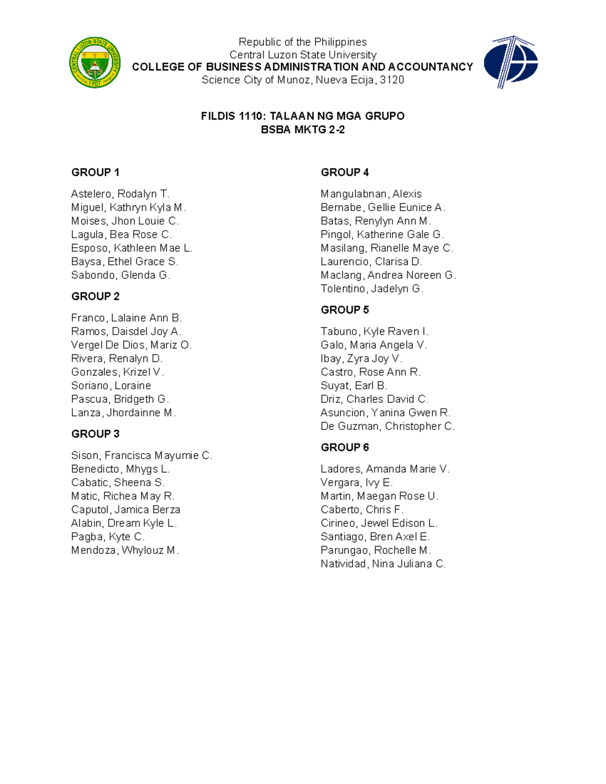 Fildis 1110 Group List BSBA Marketing 2 2 - Republic of the Philippines ...