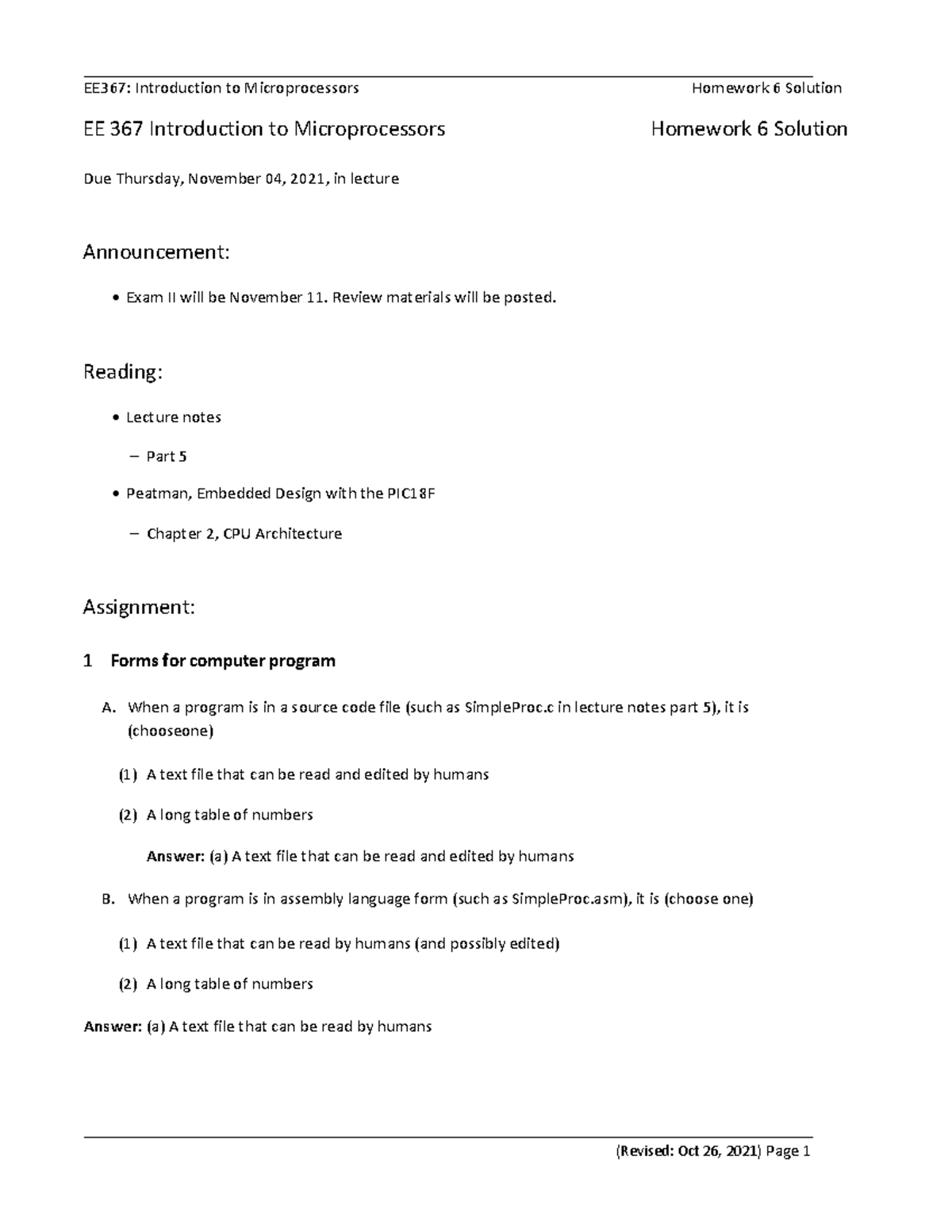 Solution HW06 Fall2021 - EE 367 Introduction to Microprocessors Homework 6 Solution Due Thursday ...