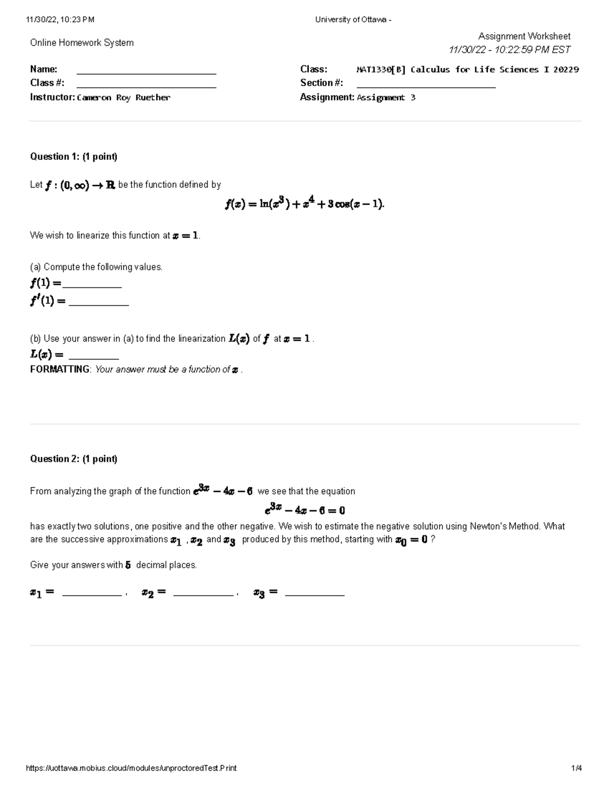 MAT1311 Mobius Blank - Online Homework System Assignment Worksheet 11 ...
