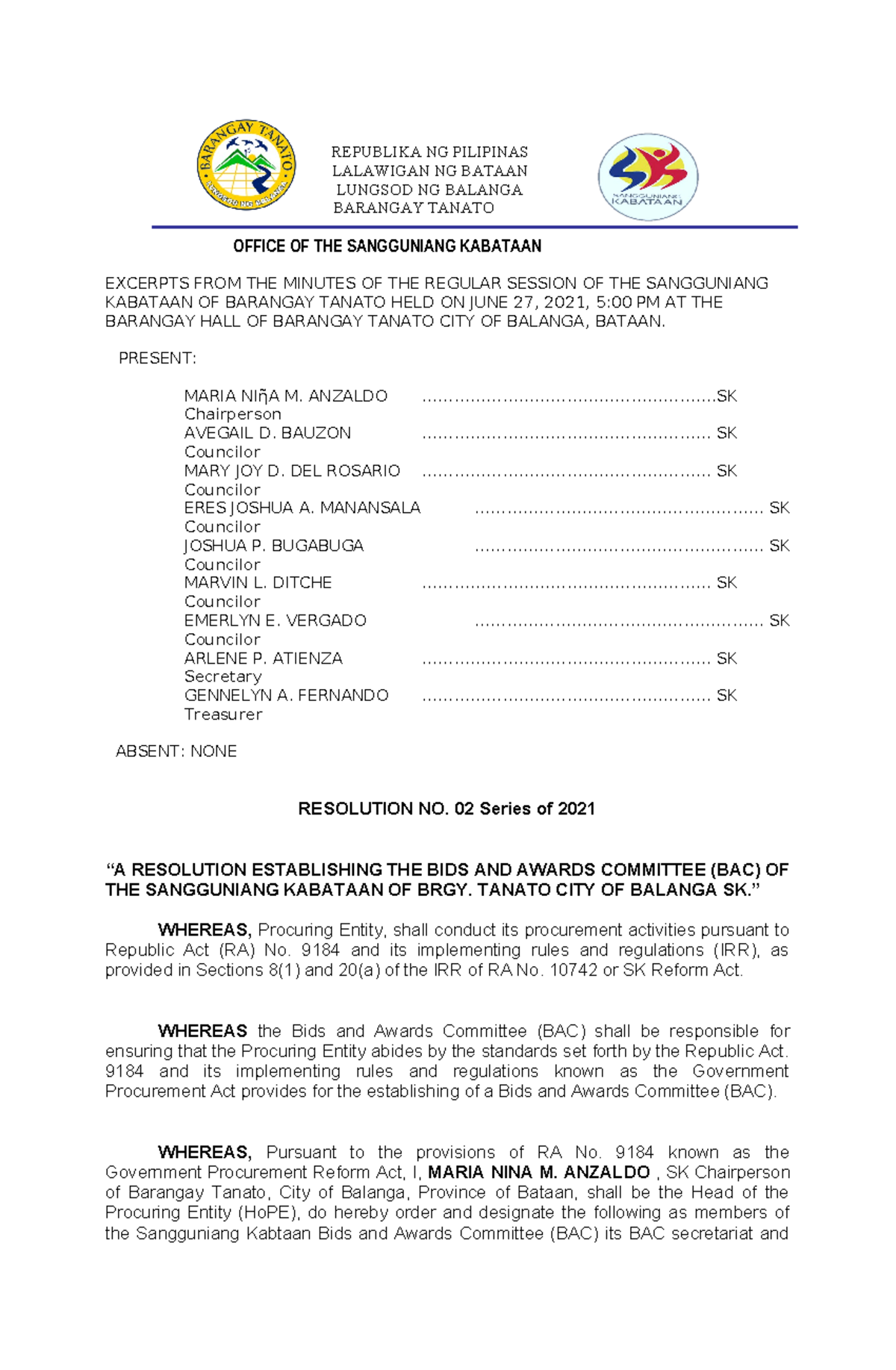 530264238 SK Resolution 2 2021 FOR BAC - REPUBLIKA NG PILIPINAS ...