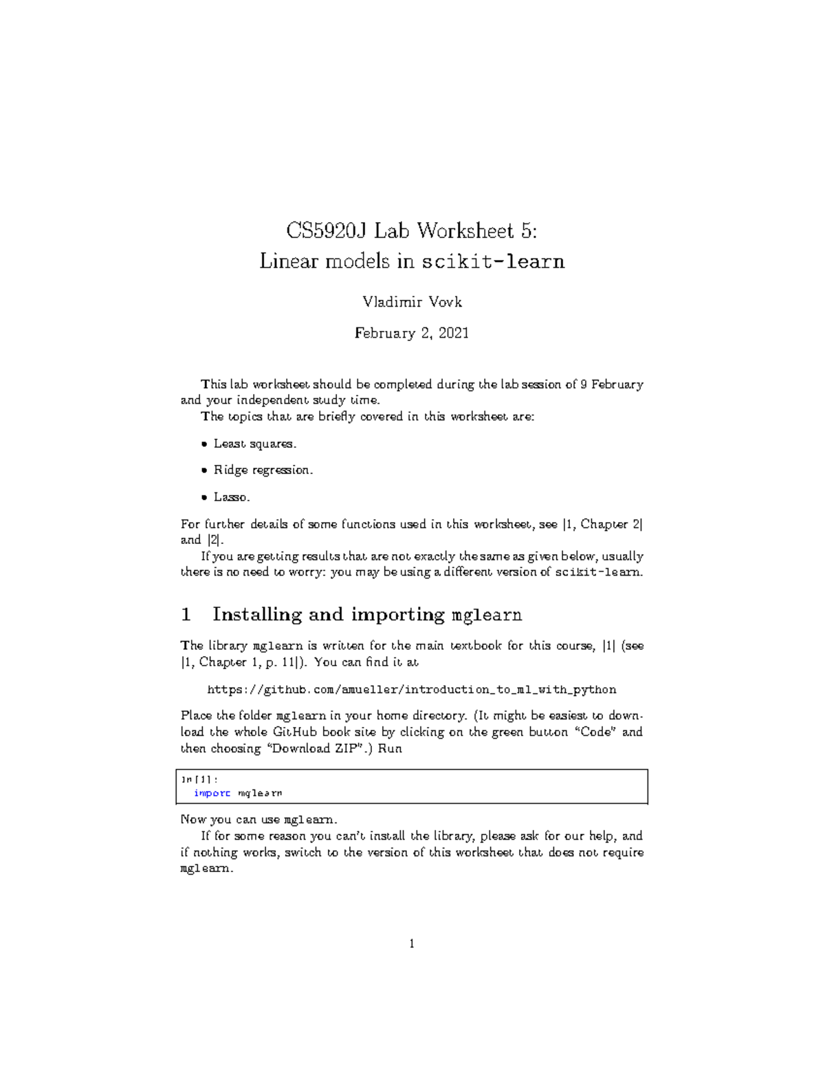 Lab05 - Problems on Linear Regression - CS5920J Lab Worksheet 5: Linear models in scikit-learn ...