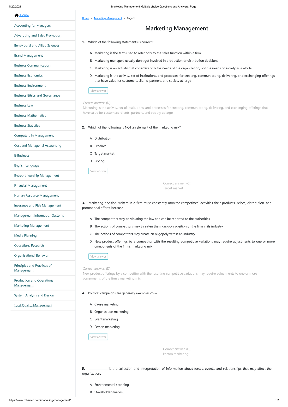 Marketing Management Multiple choice Questions and Answers. Page 1 ...