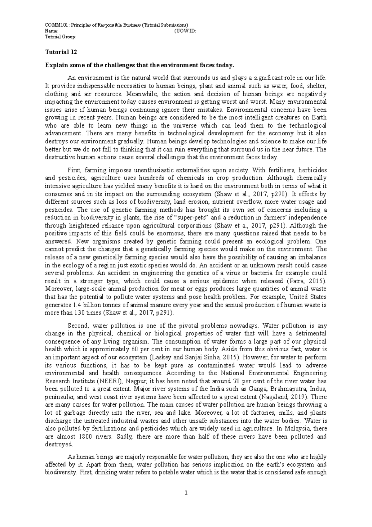 COMM 101 Tutorial 12 - Name: (UOW ID: Tutorial Group: Tutorial 12 ...