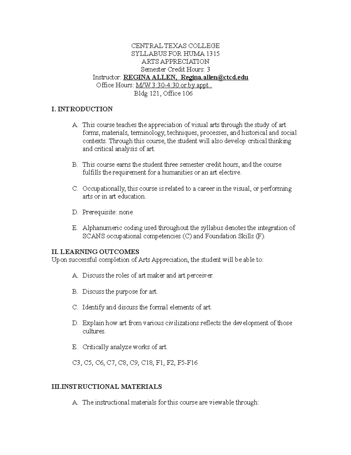 CTC AA syllabus F18 - CENTRAL TEXAS COLLEGE SYLLABUS FOR HUMA 1315 ARTS ...