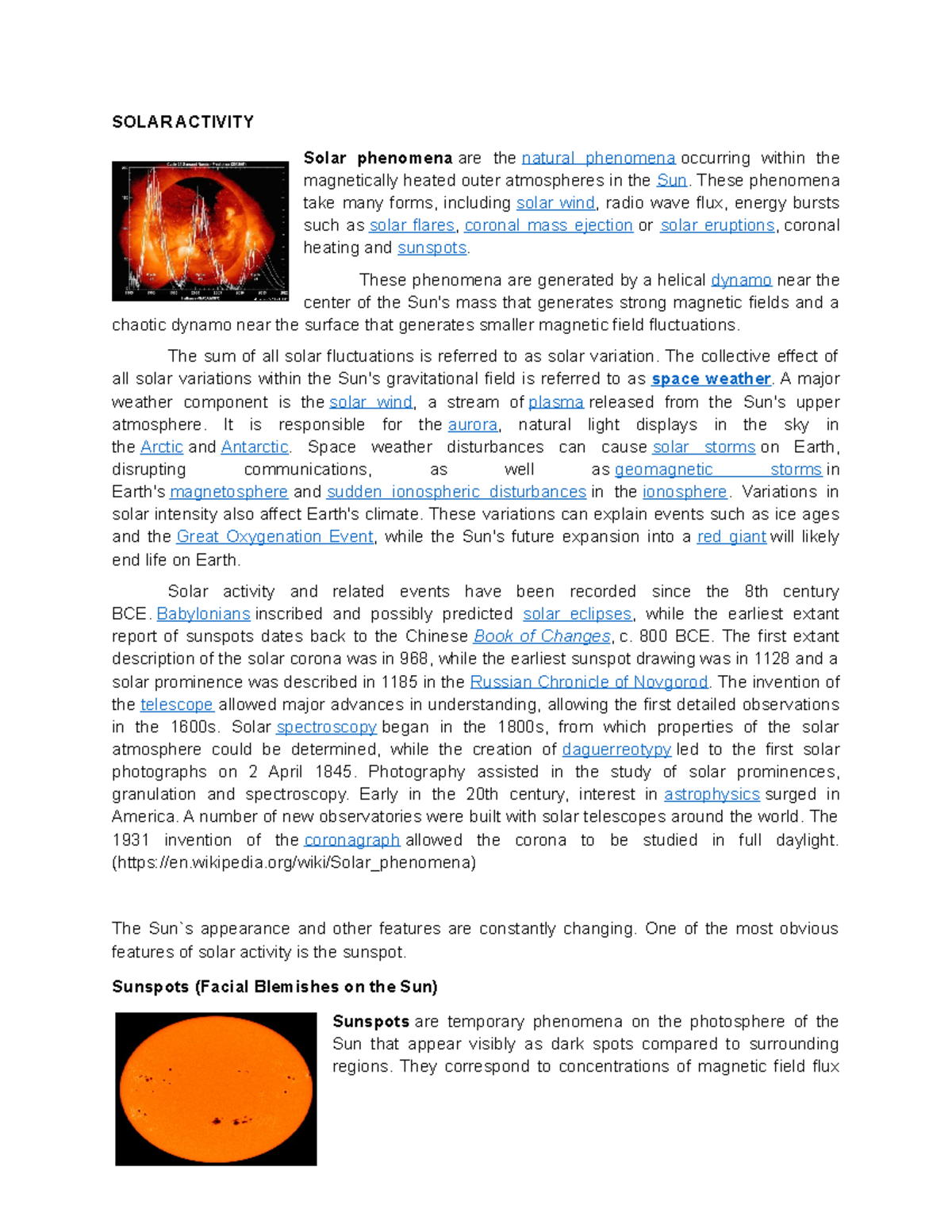 Solar Activity - lecture notes for astronomy - SOLAR ACTIVITY Solar ...