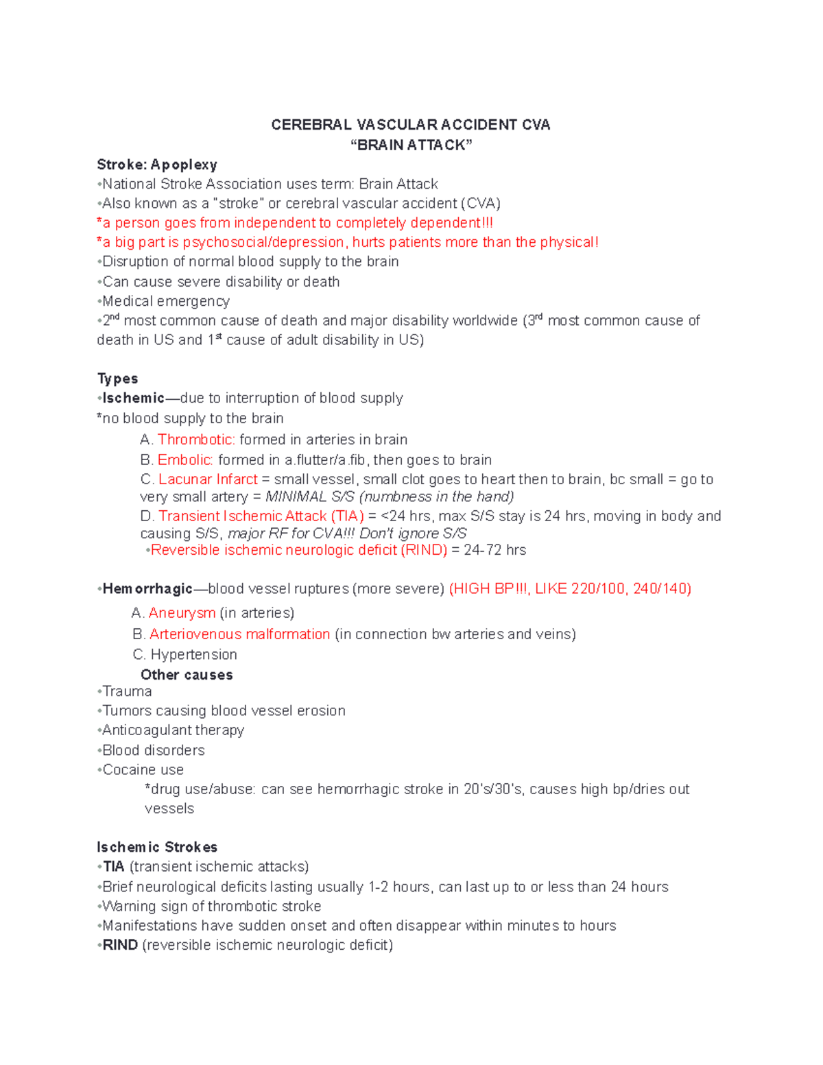 Stroke - lecture notes - CEREBRAL VASCULAR ACCIDENT CVA “BRAIN ATTACK ...