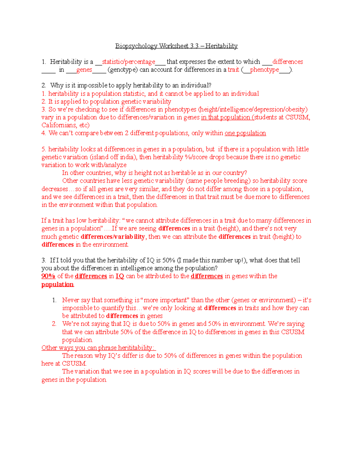 3 - N/A - Biopsychology Worksheet 3 Heritability 1. Heritability is a ...