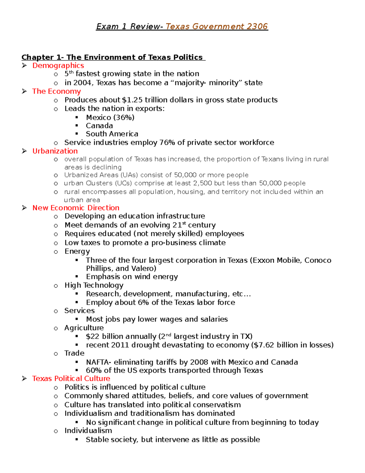 Exam 1 Review - Exam 1 Review- Texas Government 2306 Chapter 1- The ...