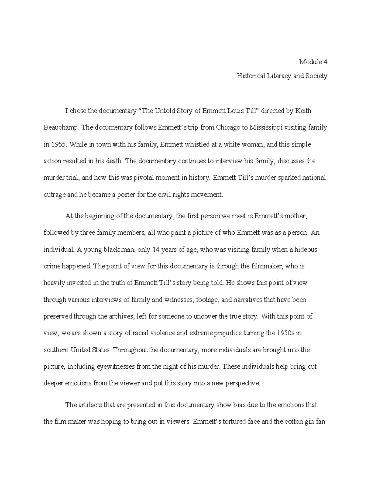 Module 4 Emmett Louis Till - Module 4 Historical Literacy and Society I ...