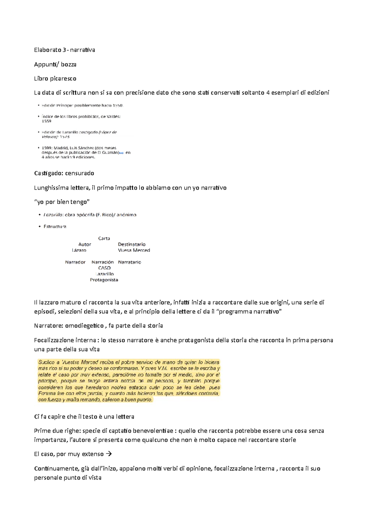 Appunti + bozza lazarillo - Elaborato 3- narraiva Appuni/ bozza Libro picaresco La data di ...