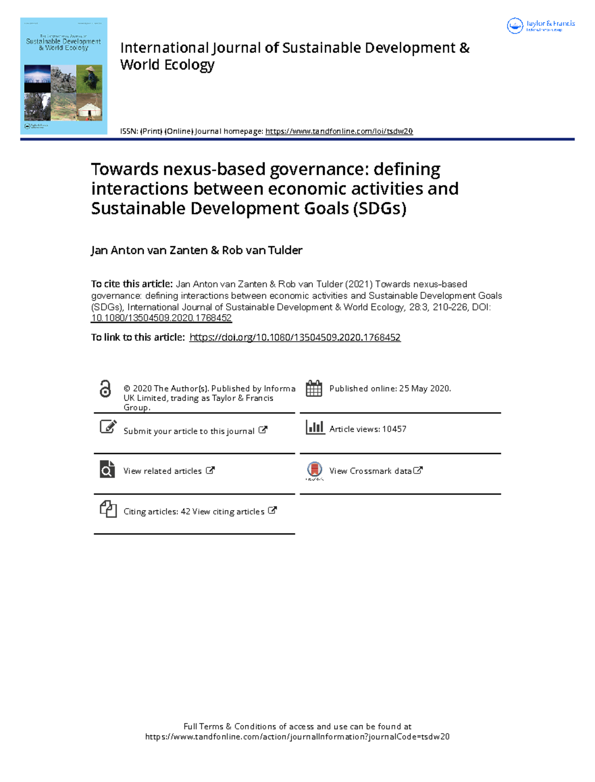 Towards nexus based governance defining interactions between economic activities and Sustainable ...