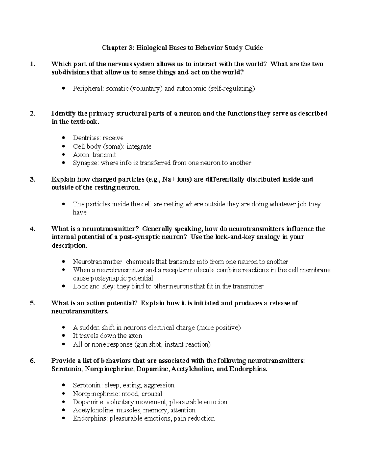 Chapter 3 Study Guide (Exam 1) - Chapter 3: Biological Bases to ...