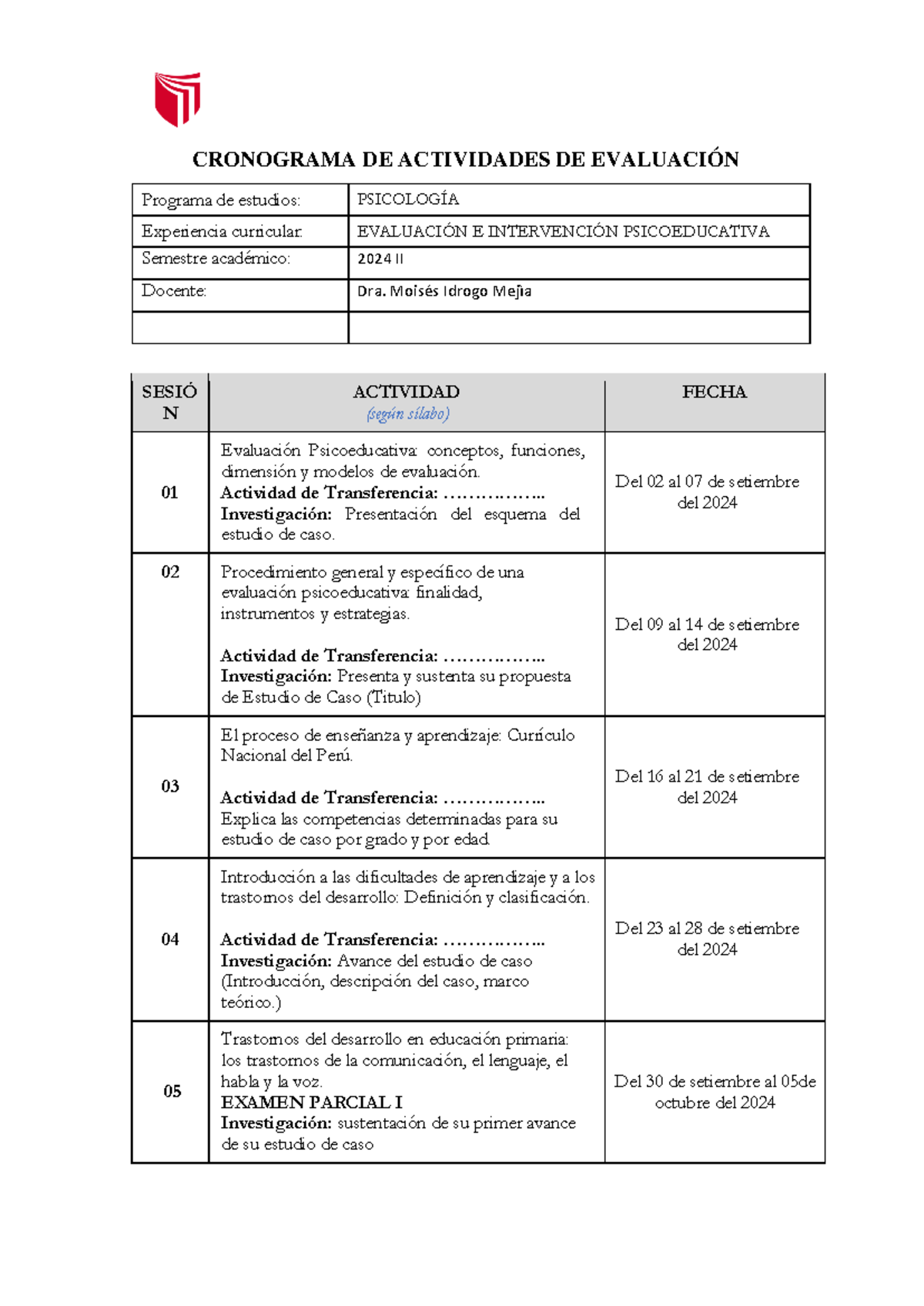 Cronograma DE Actividades 2024 - II - CRONOGRAMA DE ACTIVIDADES DE ...