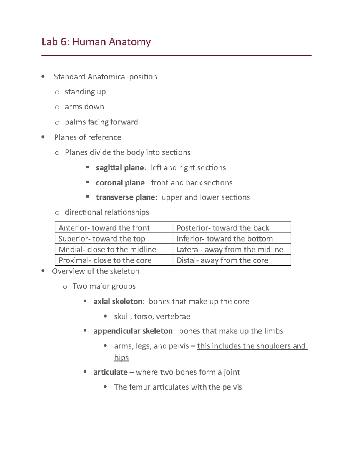 Lab 6-Human Anatomy - Lecture notes 6 - Lab 6: Human Anatomy Standard ...