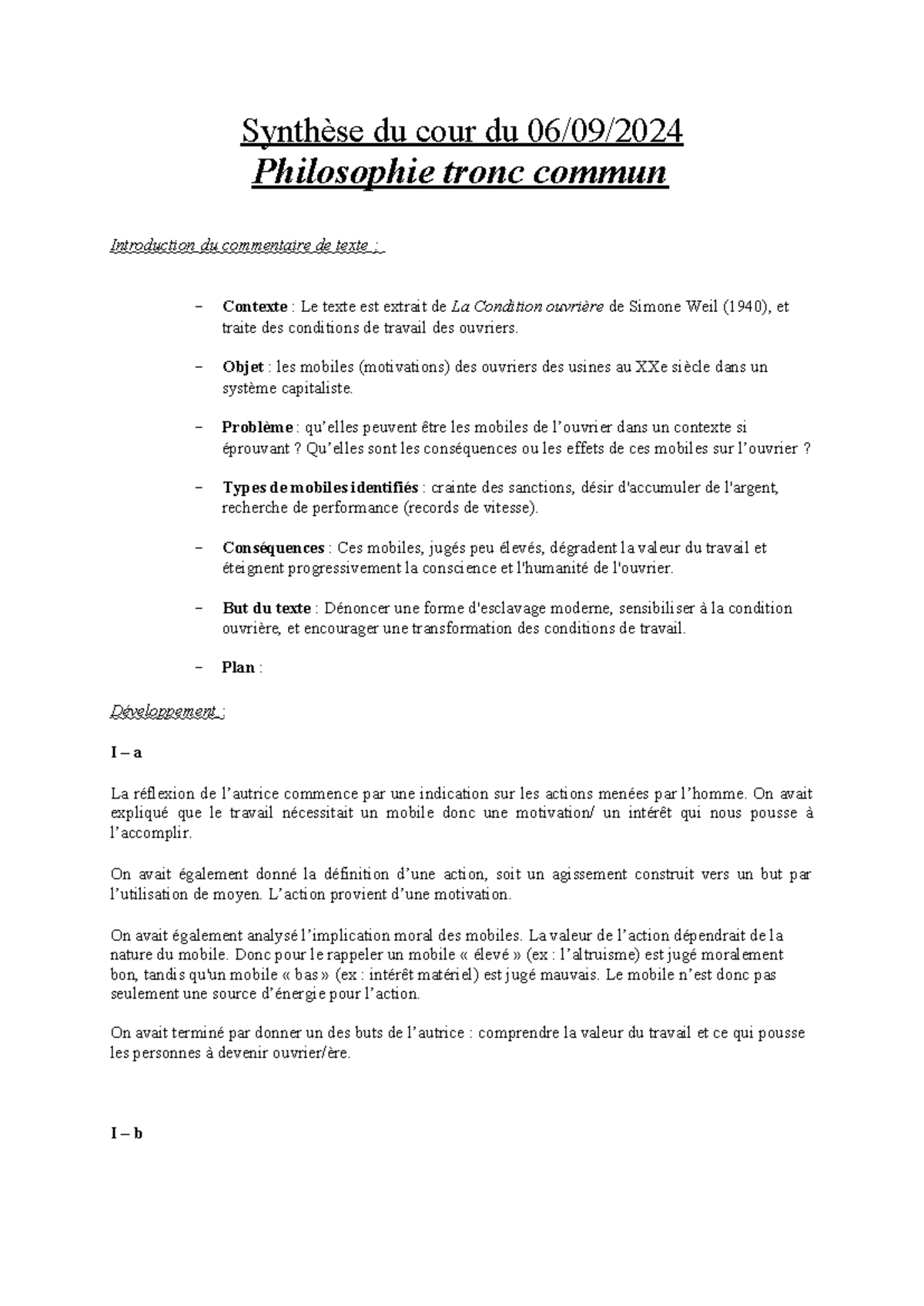 1er Synthèse Philo - Synthèse du cour du 06/09/ Philosophie tronc ...