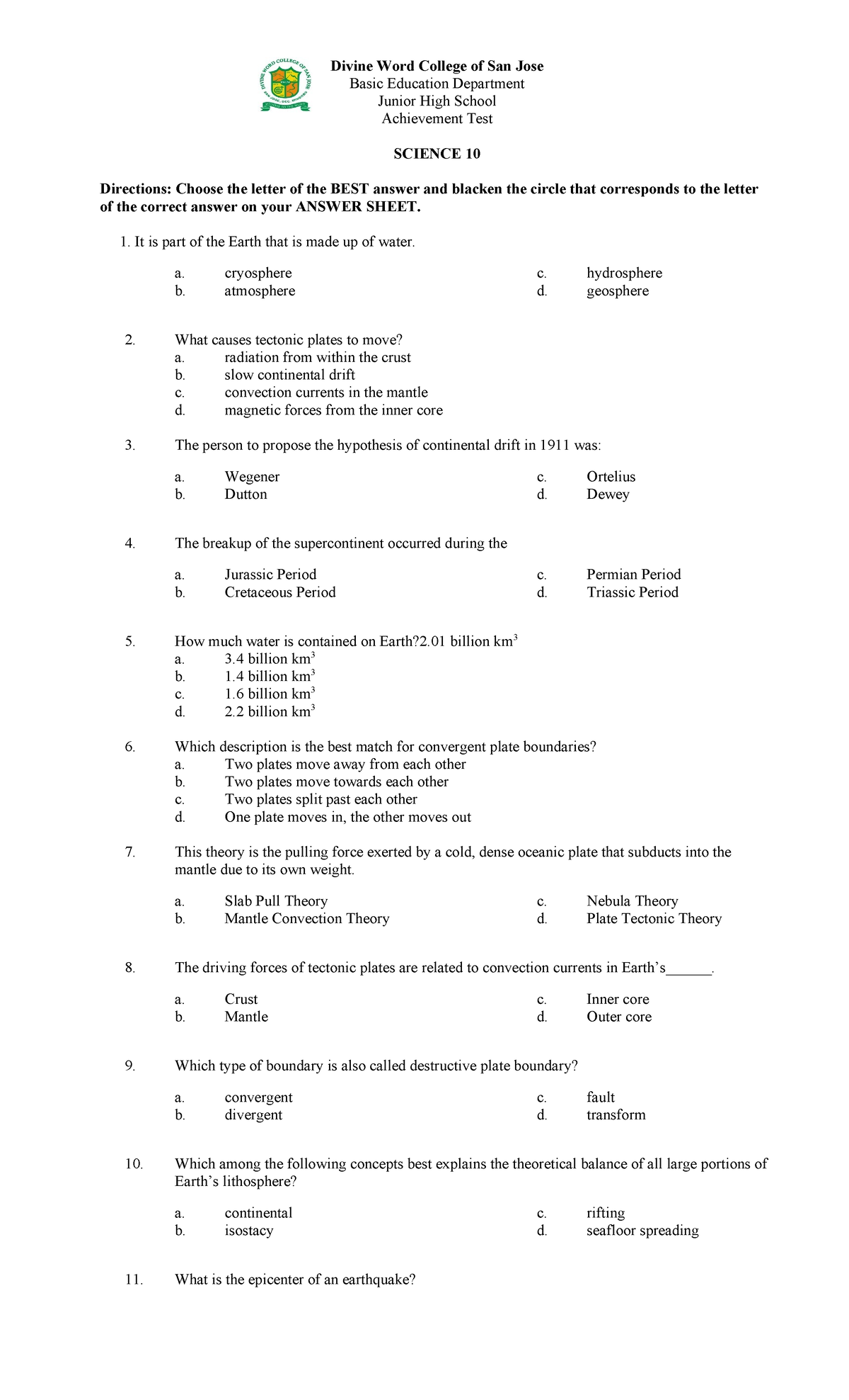 Achievement Test Science 10 - Divine Word College of San Jose Basic ...