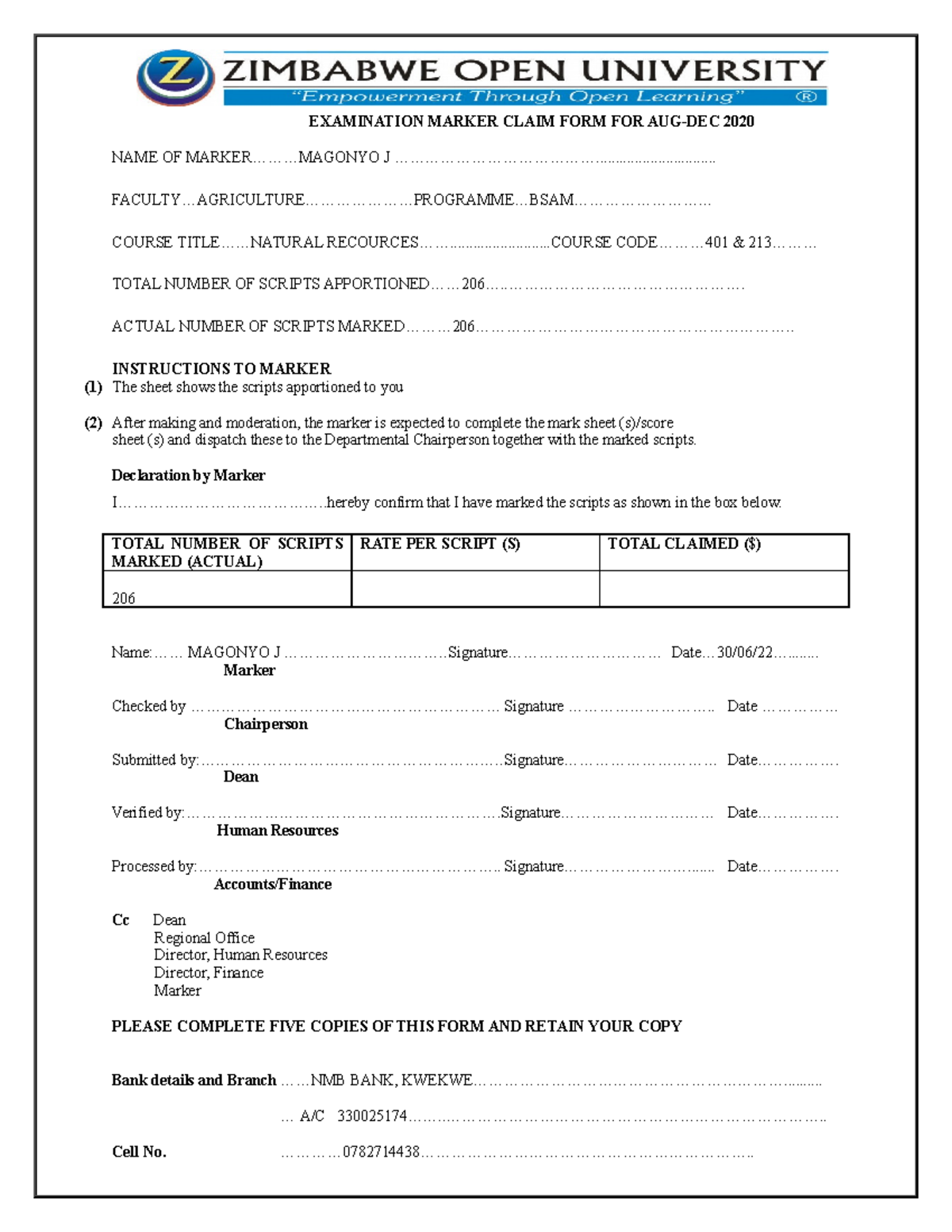 Marker Claim FORM - notes for teaching - EXAMINATION MARKER CLAIM FORM ...
