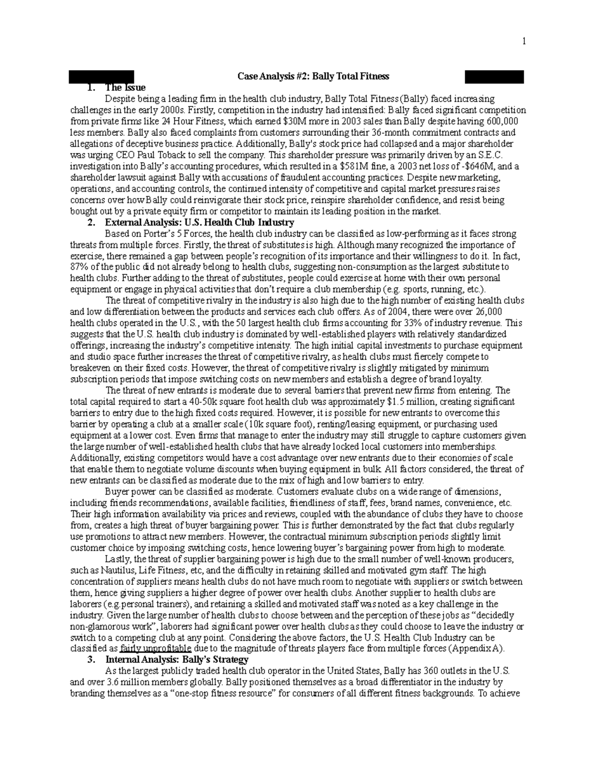 Case analysis 2 - example 1 - Case Analysis #2: Bally Total Fitness The ...