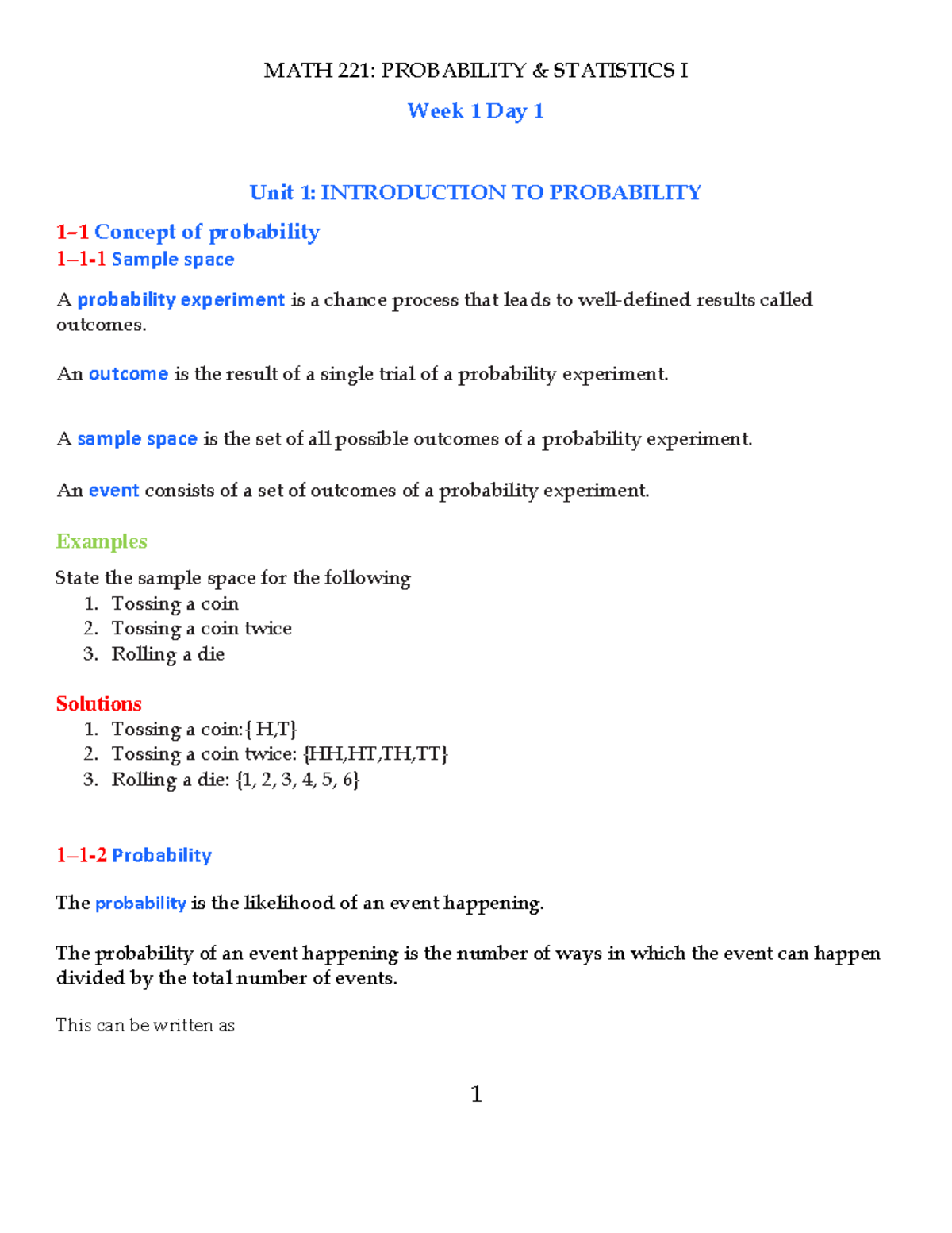 MATh 221 unit 1 day 1 - Mr Haynes - MATH 221: PROBABILITY & STATISTICS ...