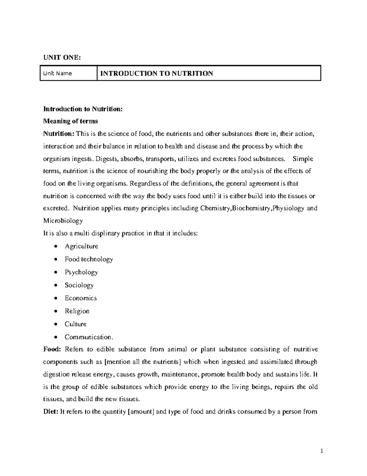 Human Nutrition 082732 - UNIT ONE: Unit Name INTRODUCTION TO NUTRITION ...