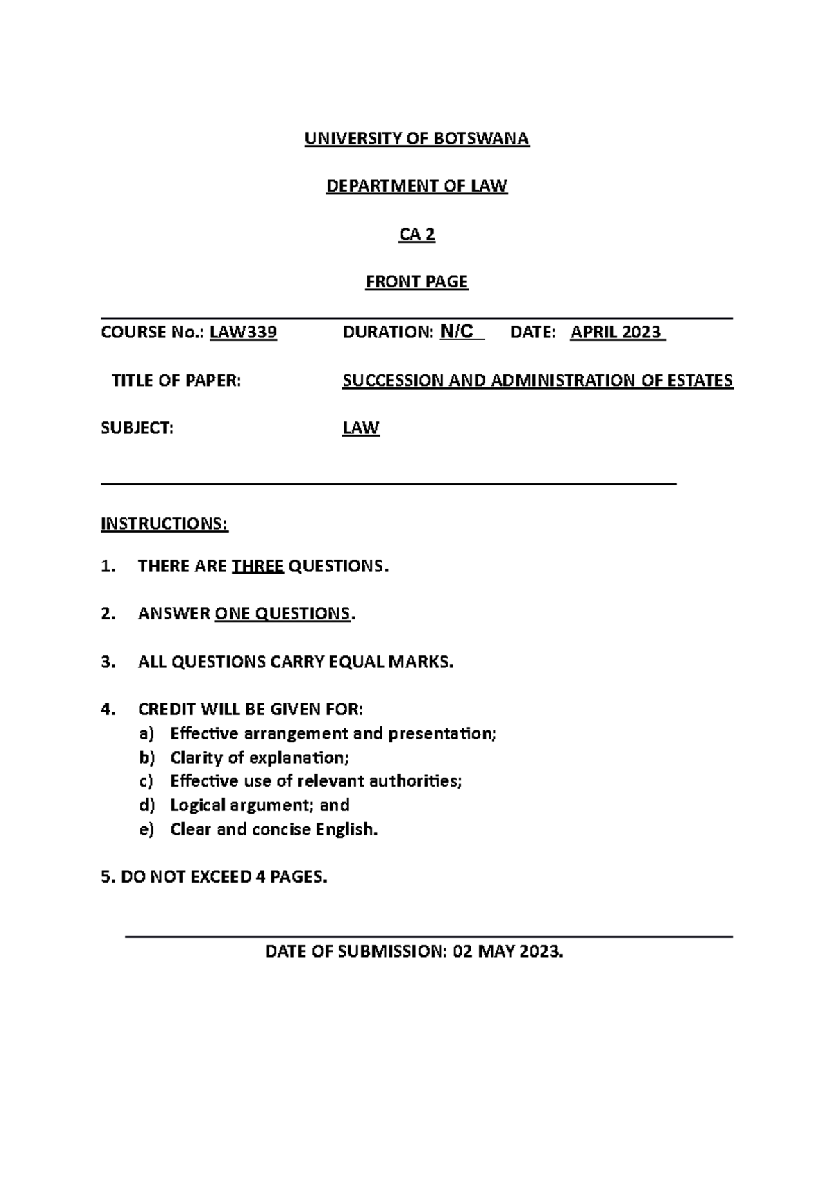 LAW 339 Takehome - Notes - UNIVERSITY OF BOTSWANA DEPARTMENT OF LAW CA ...