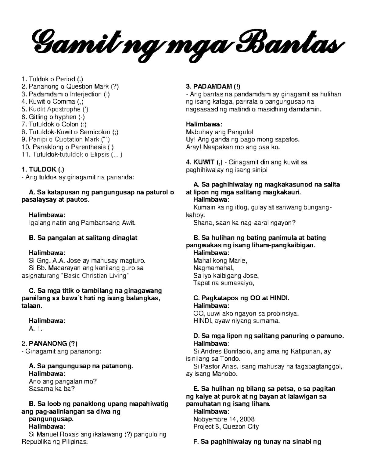 Gamit Ng Bantas Lecture Notes Gamit Ng Mga Bantas Tuldok O Period