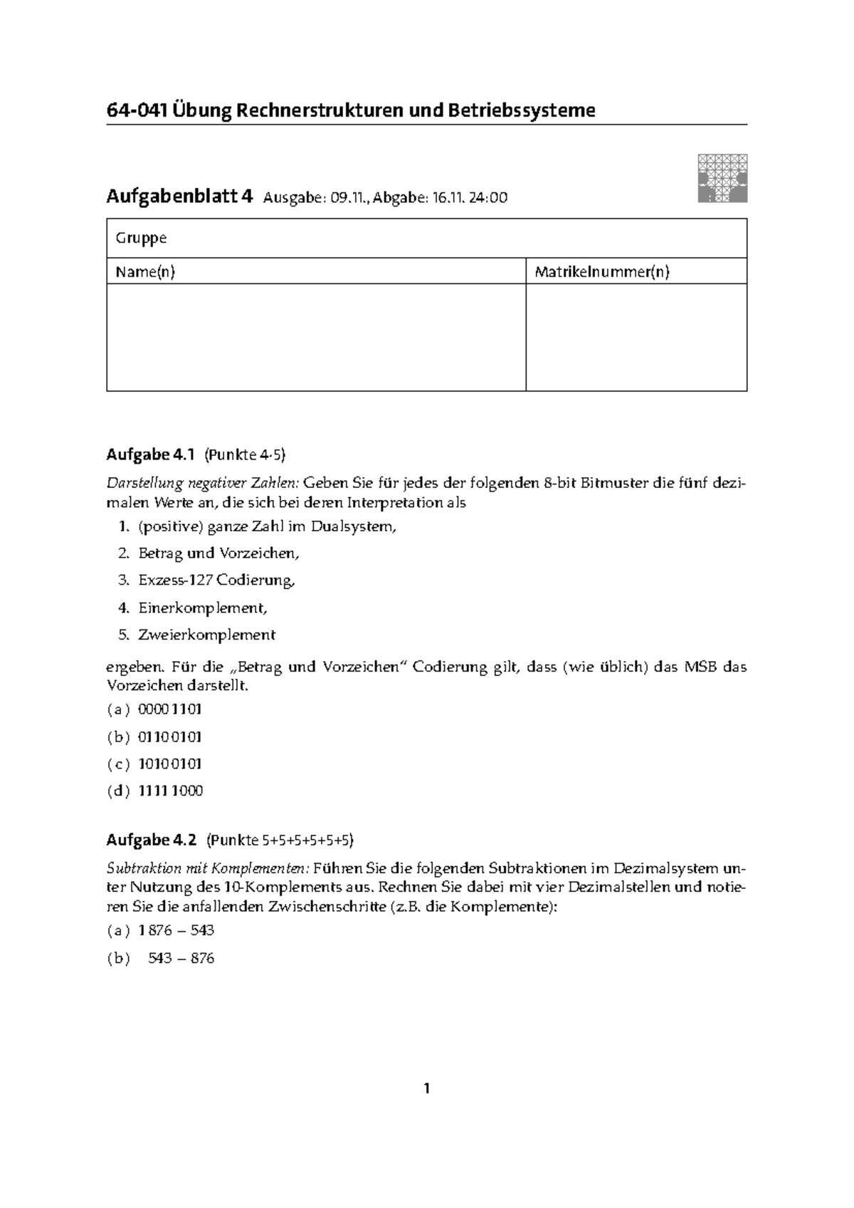 Aufgabe-04 - Lösungen - 64-041 Übung Rechnerstrukturen und Betriebssysteme Aufgabenblatt 4 ...