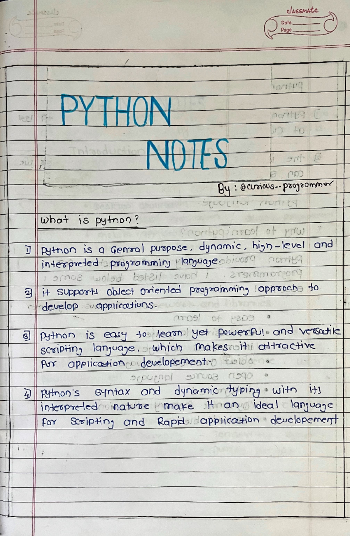 Python Handwritten Notes - classmate Date Page PYTHON NOTES : what is ...