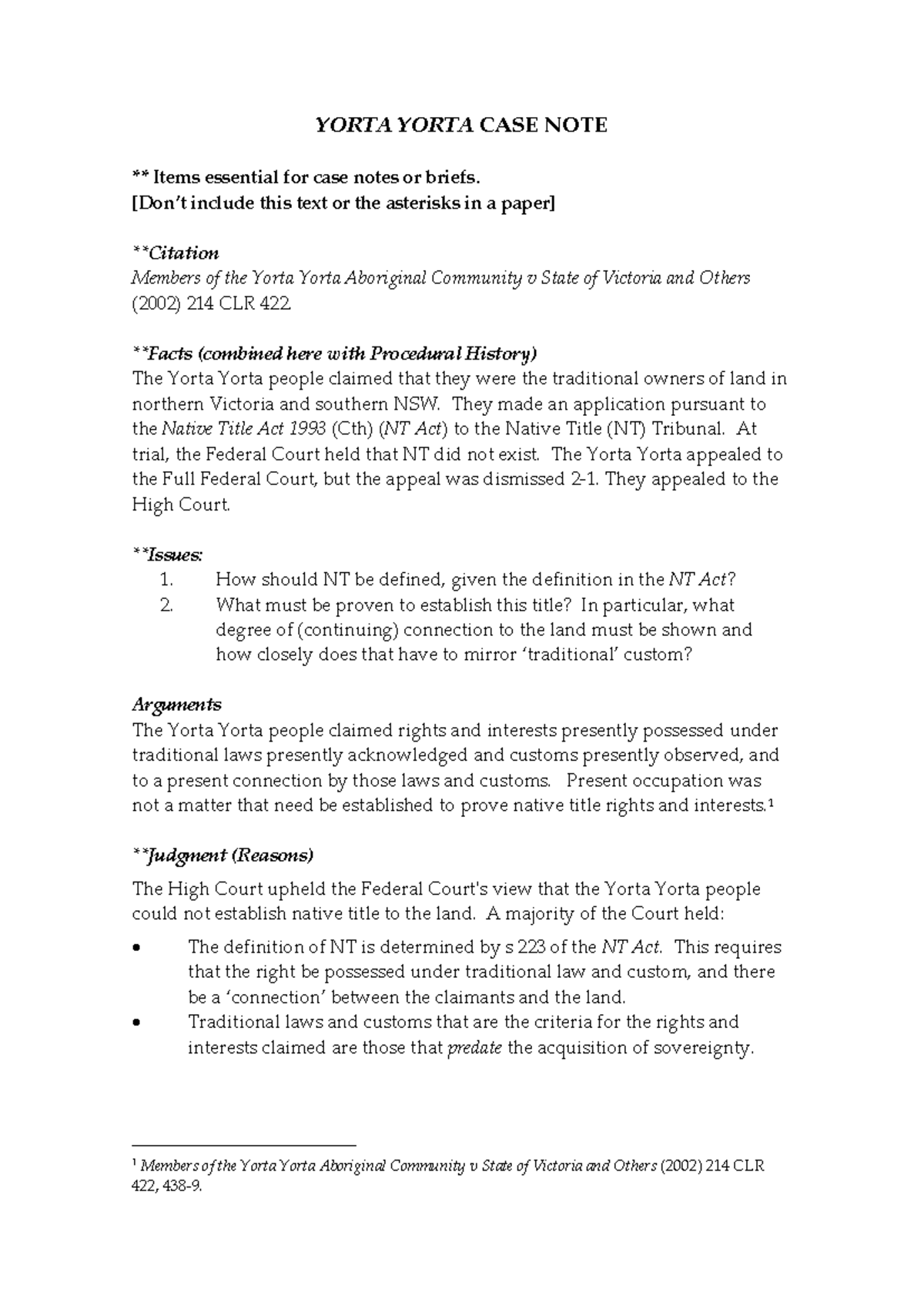 Case Note Example Yorta Yorta - YORTA YORTA CASE NOTE ** Items ...