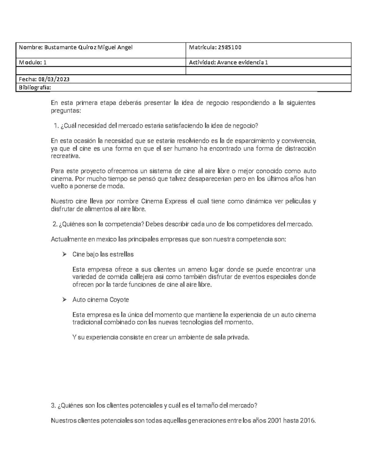 Avance evidencia 1 Administtracion financiera - Nombre: Bustamante Quiroz Miguel Angel Matricula ...