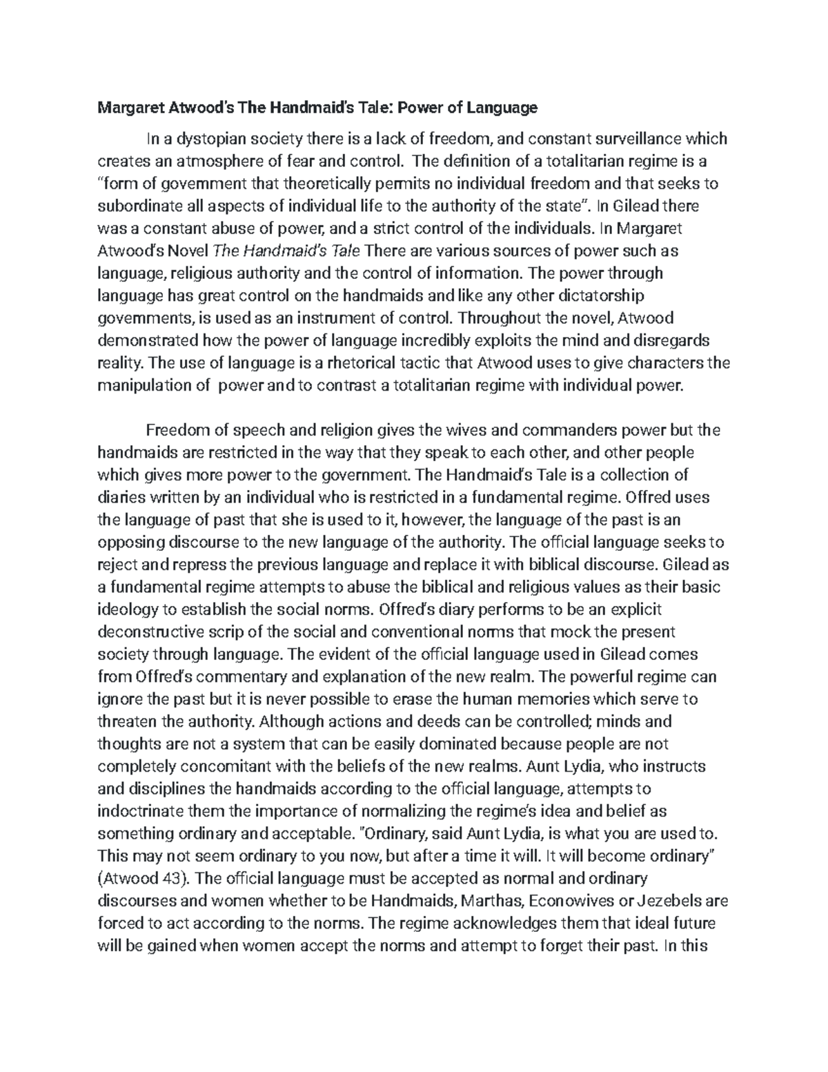 Margaret Atwood’s The Handmaid’s Tale: Power of Language - Margaret ...